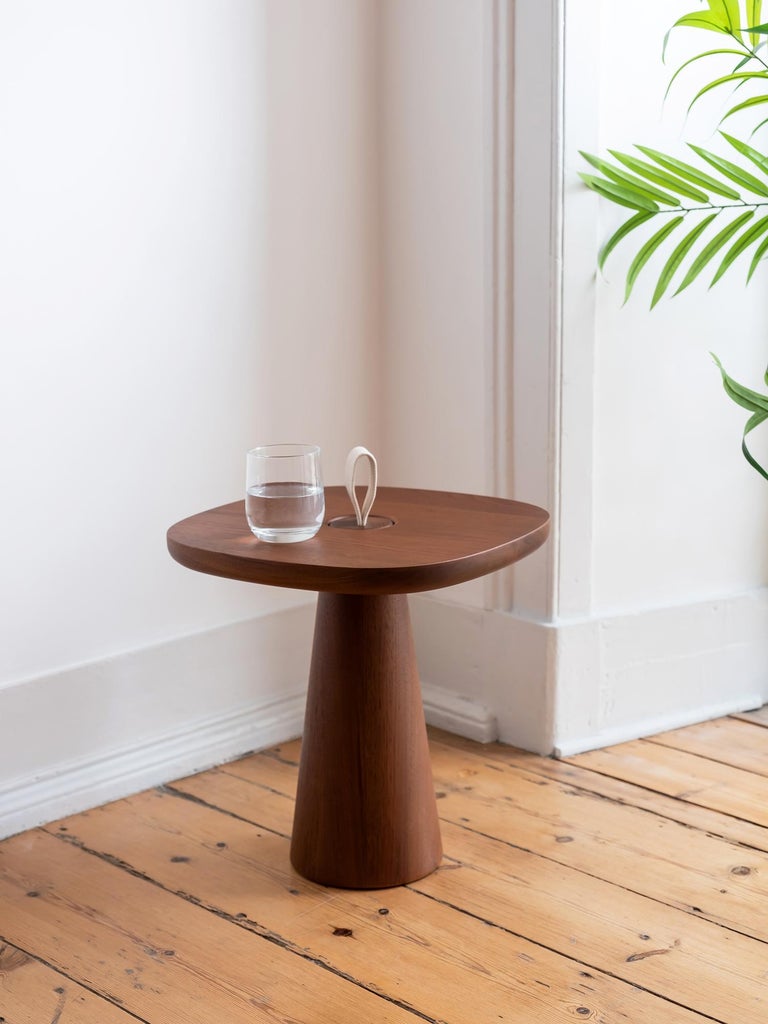 Minimalist Modern Side Table in Walnut and Black Leather Strap For Sale ...
