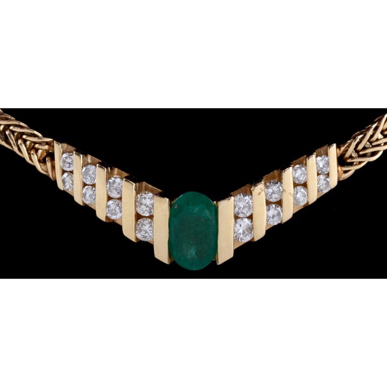 Minimalist Oval Cut Emerald Diamonds Gold Chevron Necklace, 18K Yellow ...