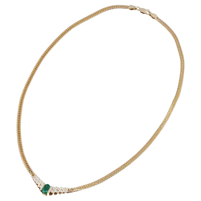 Minimalist Oval Cut Emerald Diamonds Gold Chevron Necklace, 18K Yellow ...