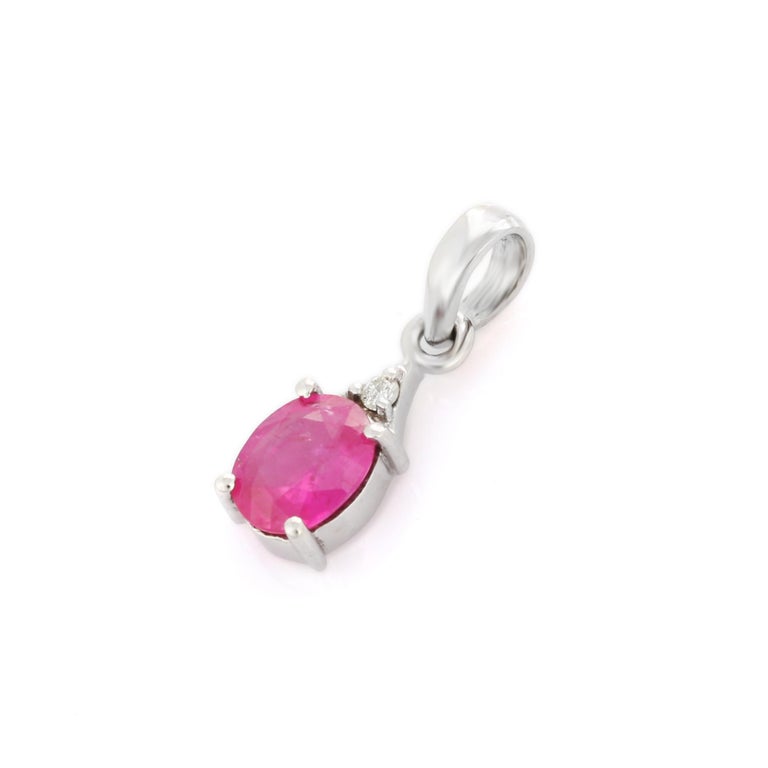 Charming Oval Ruby Pendant with Diamond Set in 14K White Gold For Sale ...