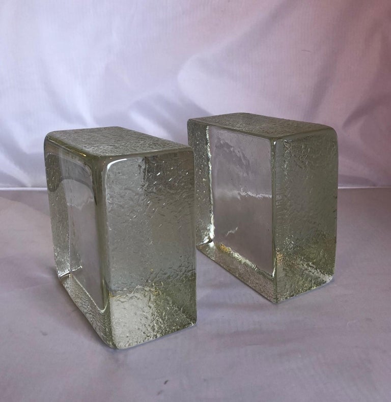 Minimalist Pair of Clear Glass Textured Bookends in the Style of Blenko ...