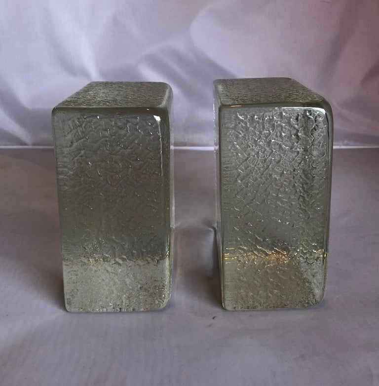 Minimalist Pair of Clear Glass Textured Bookends in the Style of Blenko ...