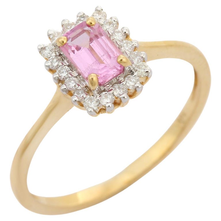 Customizable Minimalist Pink Sapphire Halo Diamond Bridal Ring in 14K ...