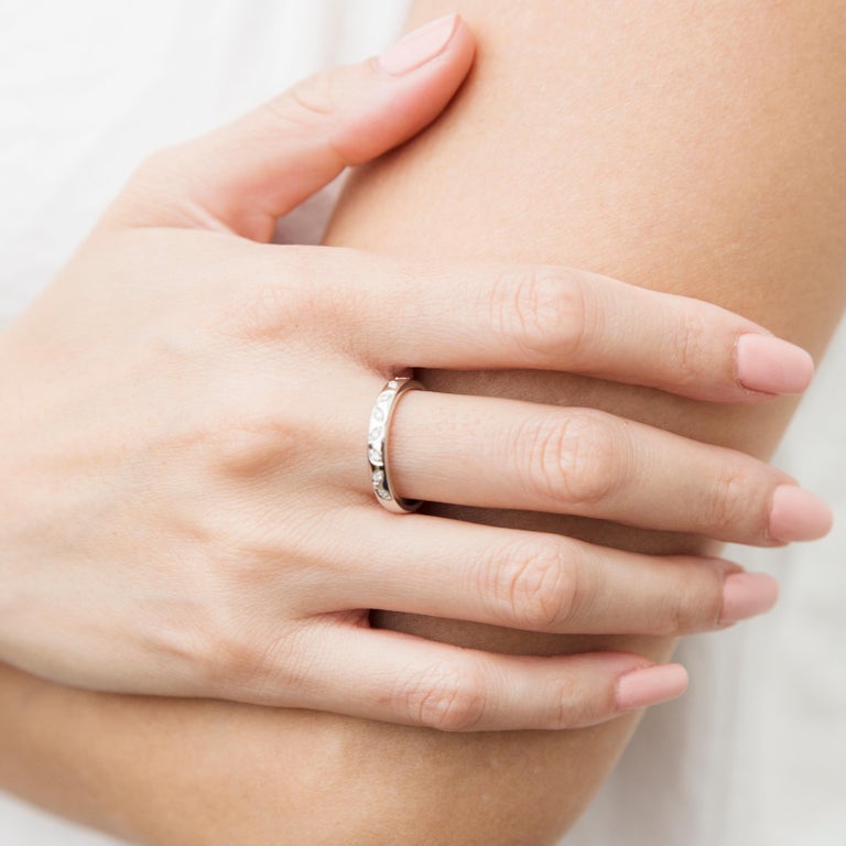 Minimalist Platinum Vintage Hammer Set Round Brilliant Diamond Band at ...