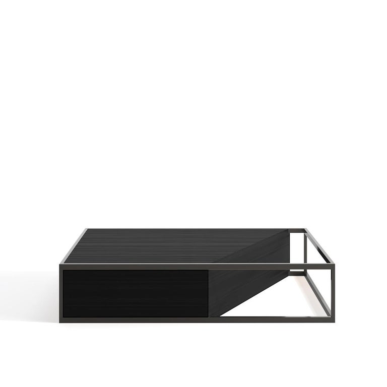 Minimalist Rectangular Center Coffee Table Black Oak Wood Black Lacquered Steel For Sale at 1stDibs