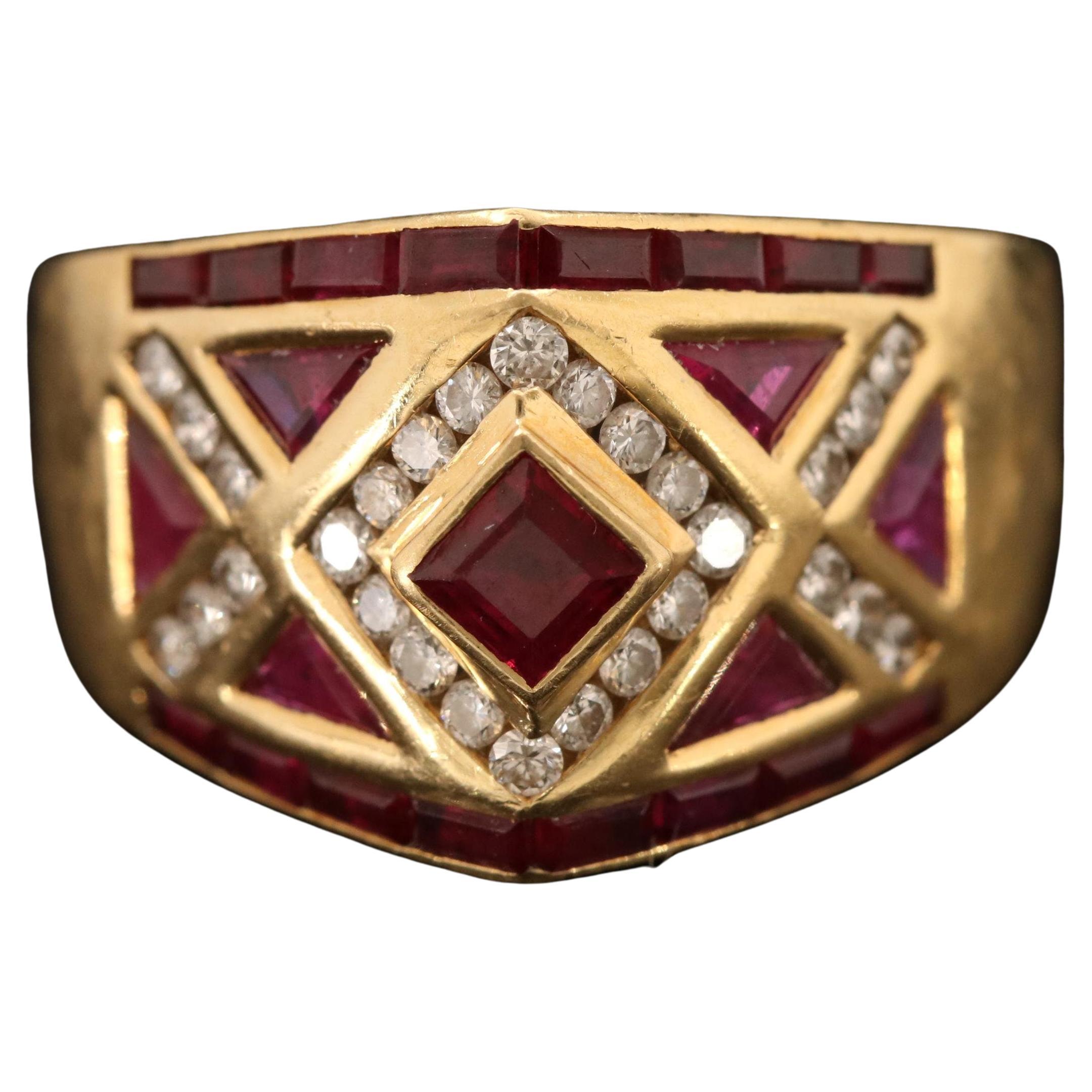 14k Yellow Gold Diamond Shaped Ruby Cluster Bypass Ring For Sale at 1stDibs