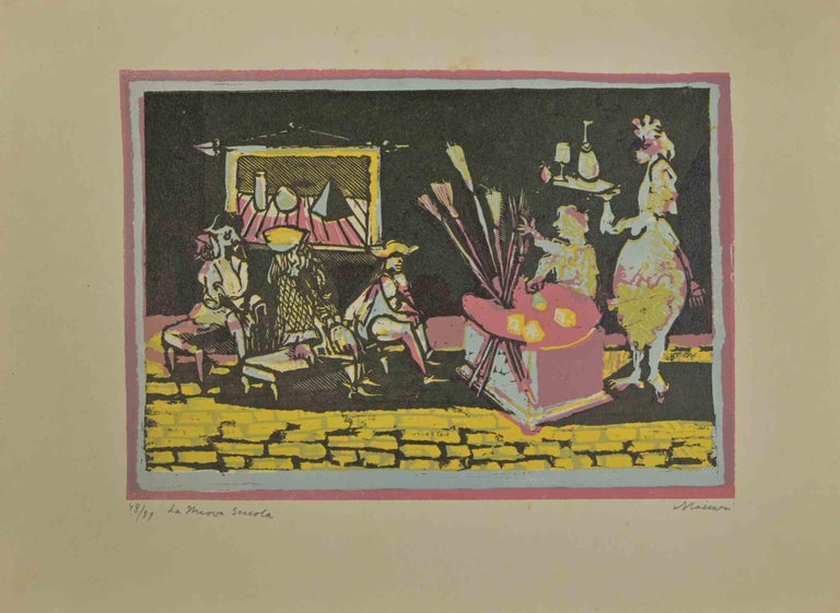 Mino Maccari - New School - Linocut by Mino Maccari - Mid-20th Century ...