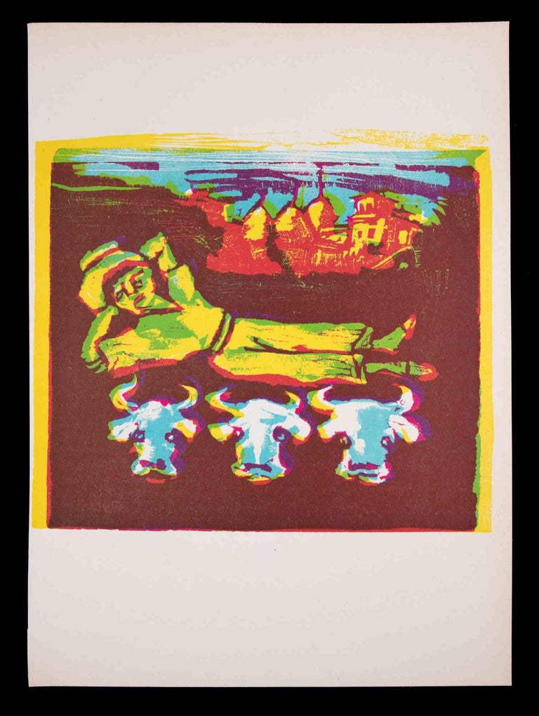 Mino Maccari - The Dreaming Cowboy - Original Linocut by Mino Maccari ...