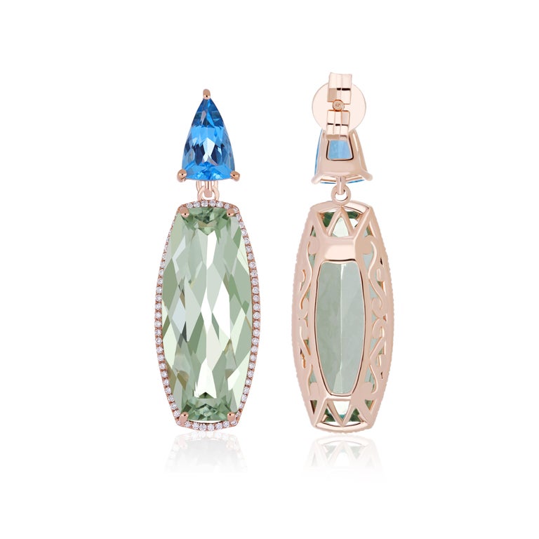 Mint Quartz, Swiss Blue Topaz and Diamond Studded Earring in 14 Karat ...