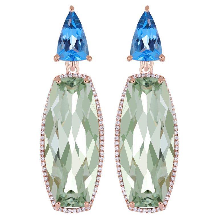 Mint Quartz, Swiss Blue Topaz and Diamond Studded Earring in 14 Karat ...