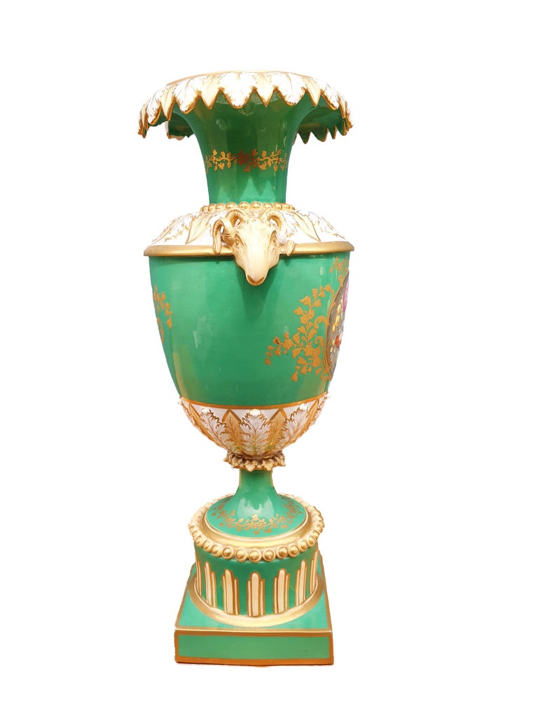 Minton 19th Century Rams Head Hand Painted Green Vase For Sale at 1stDibs