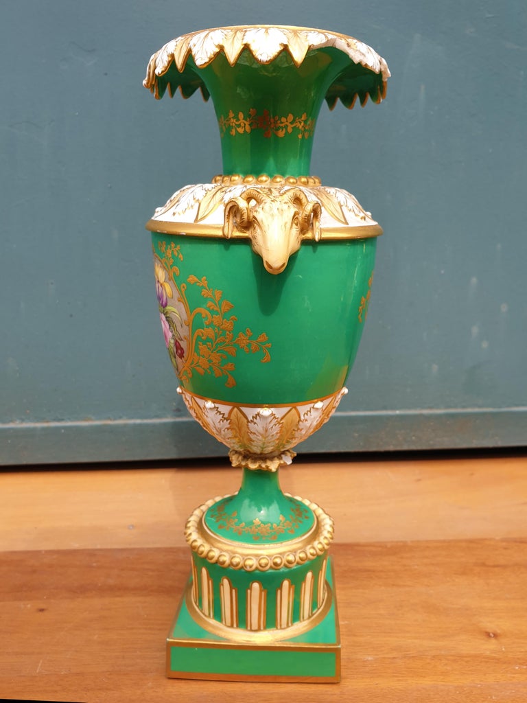 Minton 19th Century Rams Head Hand Painted Green Vase For Sale at 1stDibs