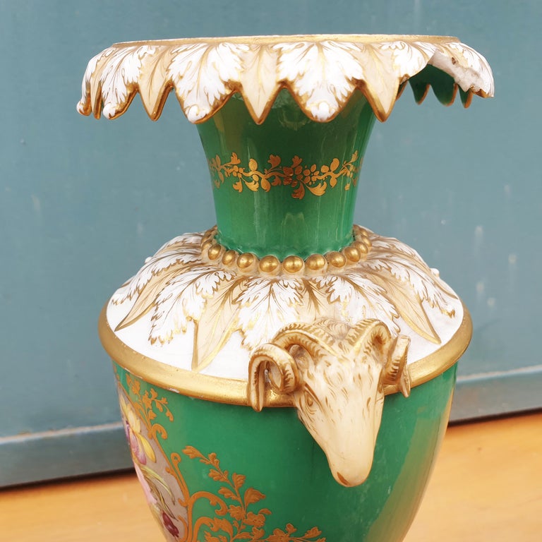 Minton 19th Century Rams Head Hand Painted Green Vase For Sale at 1stDibs
