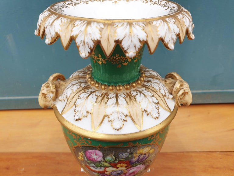 Minton 19th Century Rams Head Hand Painted Green Vase For Sale at 1stDibs