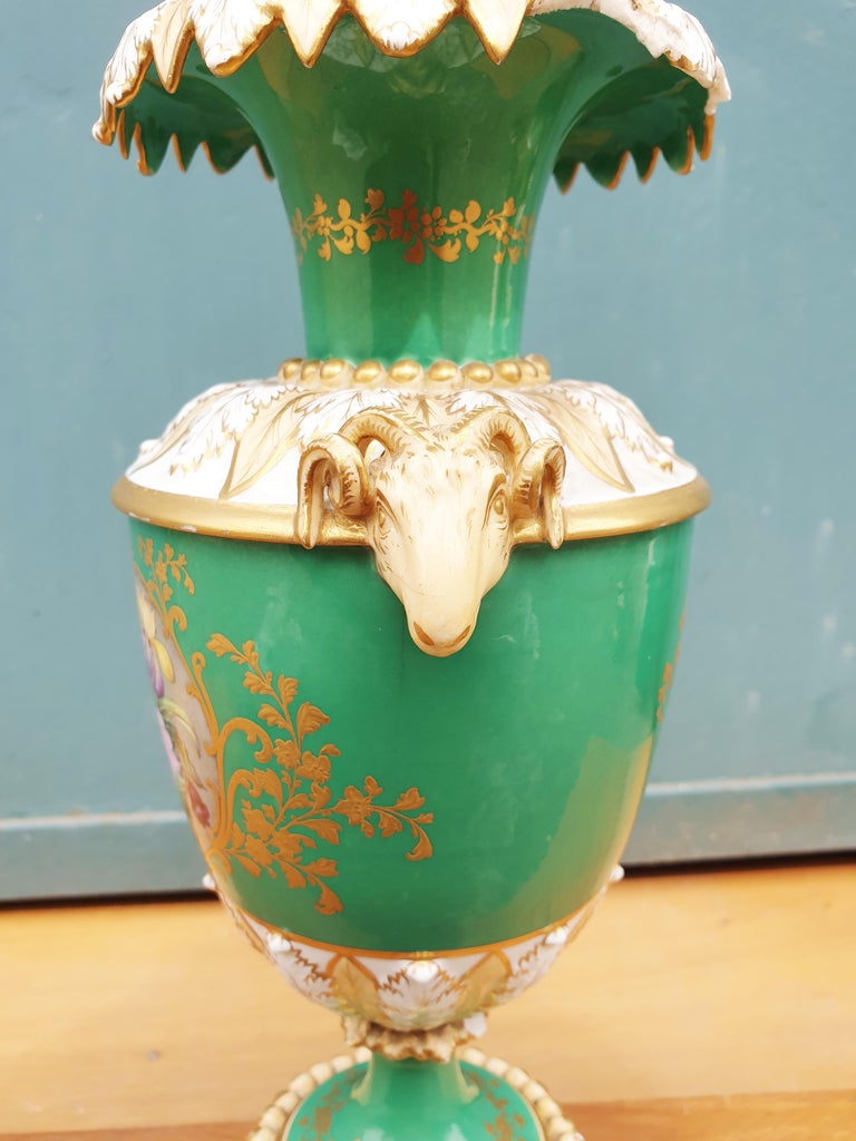 Minton 19th Century Rams Head Hand Painted Green Vase For Sale at 1stDibs
