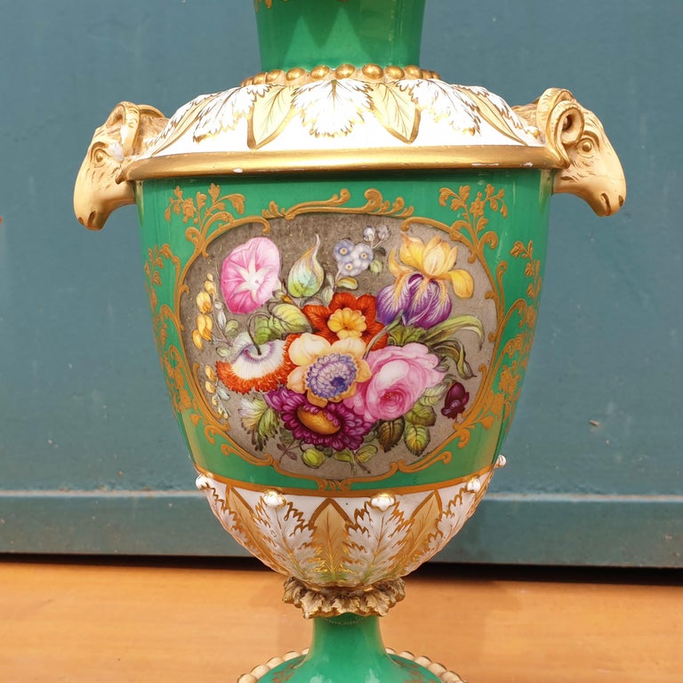Minton 19th Century Rams Head Hand Painted Green Vase For Sale at 1stDibs