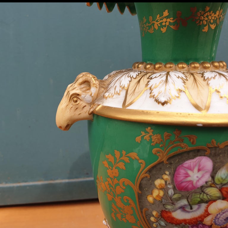 Minton 19th Century Rams Head Hand Painted Green Vase For Sale at 1stDibs