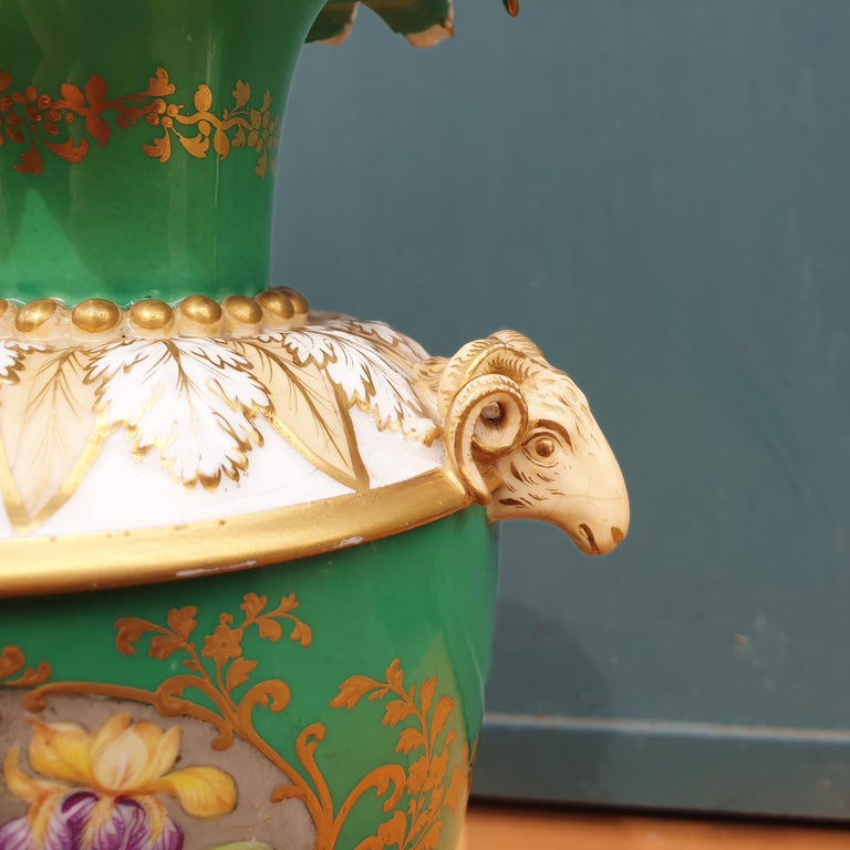 Minton 19th Century Rams Head Hand Painted Green Vase For Sale at 1stDibs