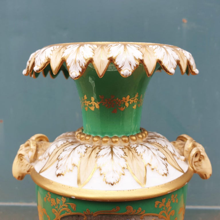 Minton 19th Century Rams Head Hand Painted Green Vase For Sale at 1stDibs