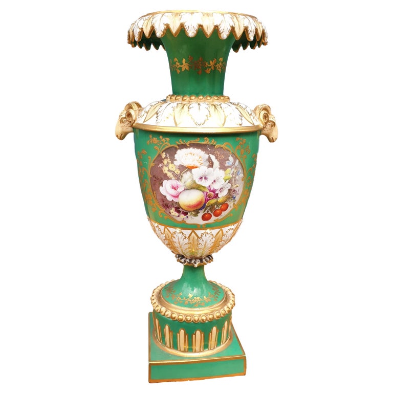 Minton 19th Century Rams Head Hand Painted Green Vase For Sale at 1stDibs