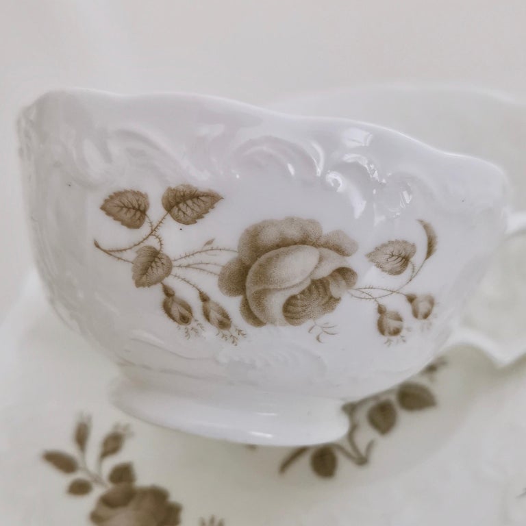 Minton Porcelain Teacup Trio, Bath Embossed White with Sepia Roses ...