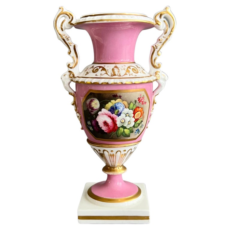 Minton Small Vase, Elgin Shape Pink with Floral Reserve, Rococo Revival ...