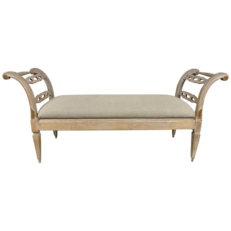 Minton-Spidell Painted Bench with Belgium Linen Upholstery at 1stDibs