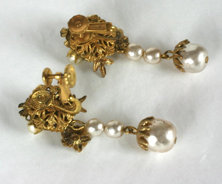 Miriam Haskell Elaborate Pearl and Gilt Long Earclips For Sale at 1stDibs