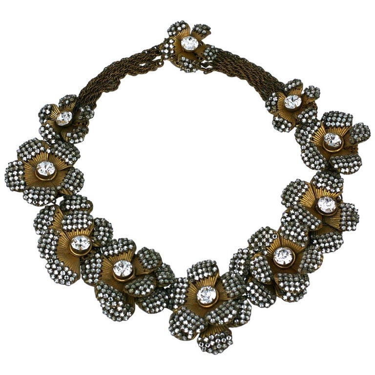 Miriam Haskell Pave Rose Montee Flower Necklace For Sale at 1stDibs