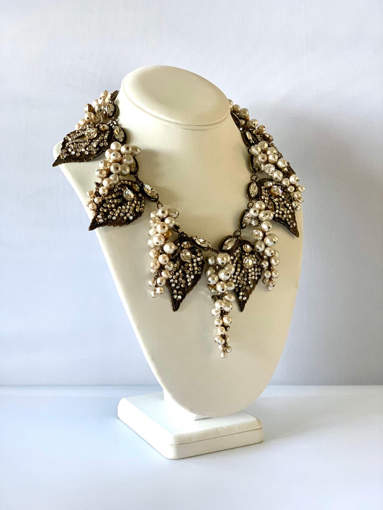 Miriam Haskell Pearl Grape Cluster Diamante Festoon Statement Necklace ...