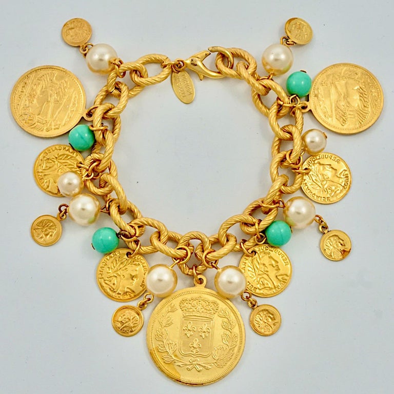 Miriam Haskell Russian Gold Plated Pearl Turquoise Glass Coin Charm ...