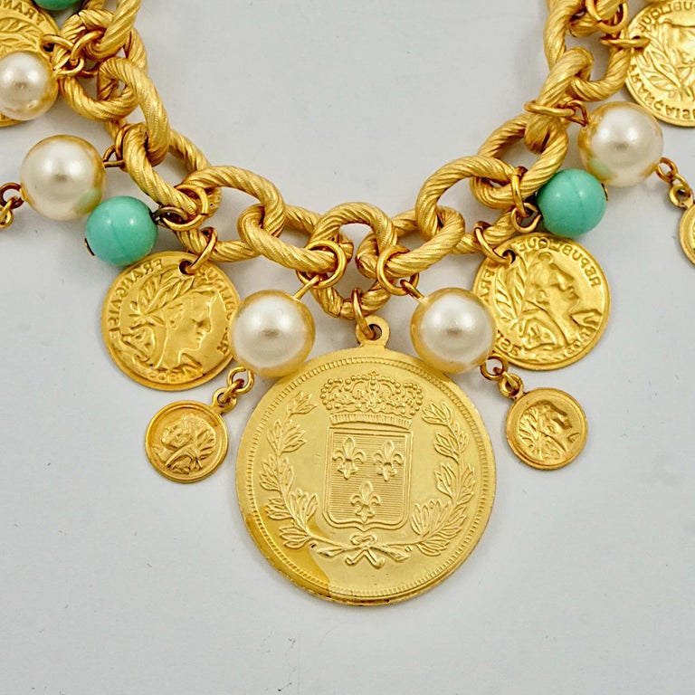 Miriam Haskell Russian Gold Plated Pearl Turquoise Glass Coin Charm ...