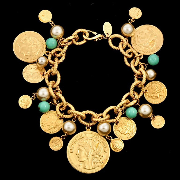 Miriam Haskell Russian Gold Plated Pearl Turquoise Glass Coin Charm ...