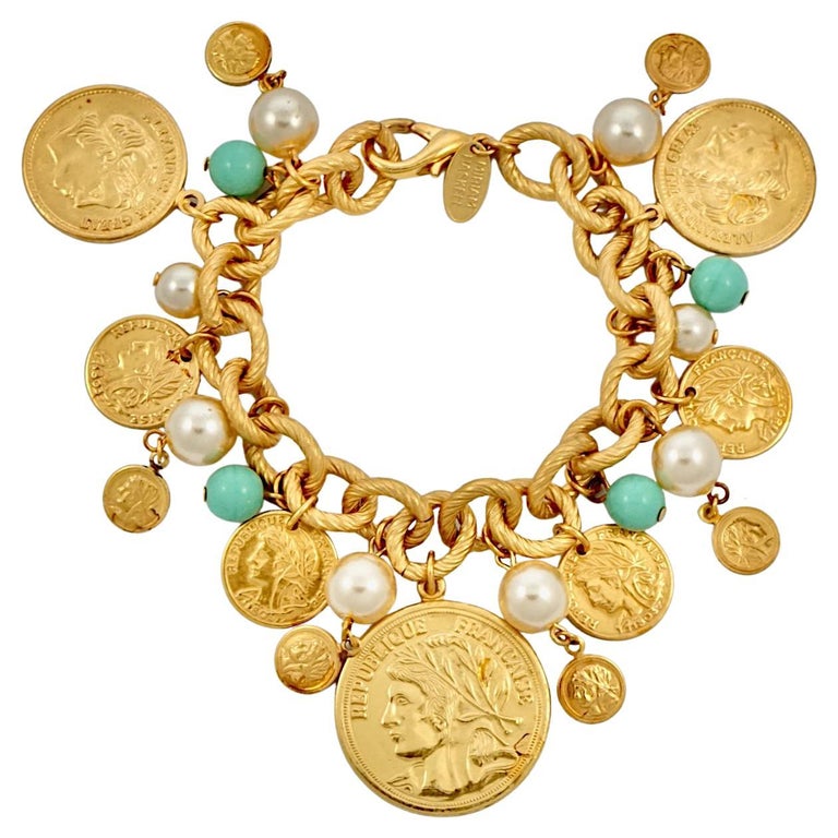Miriam Haskell Russian Gold Plated Pearl Turquoise Glass Coin Charm ...
