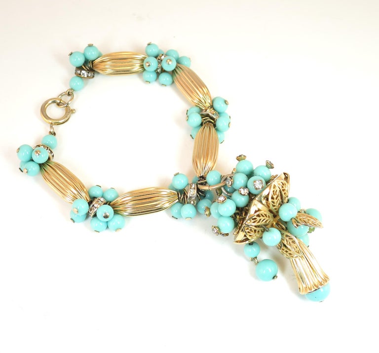 Miriam Haskell Turquoise Glass Necklace and Bracelet Set, Made in ...