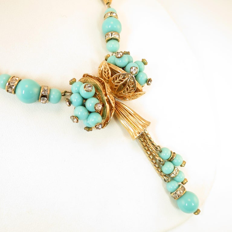 Miriam Haskell Turquoise Glass Necklace and Bracelet Set, Made in ...