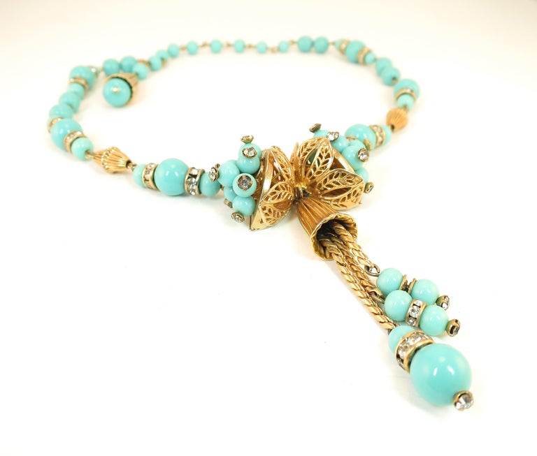 Miriam Haskell Turquoise Glass Necklace and Bracelet Set, Made in ...