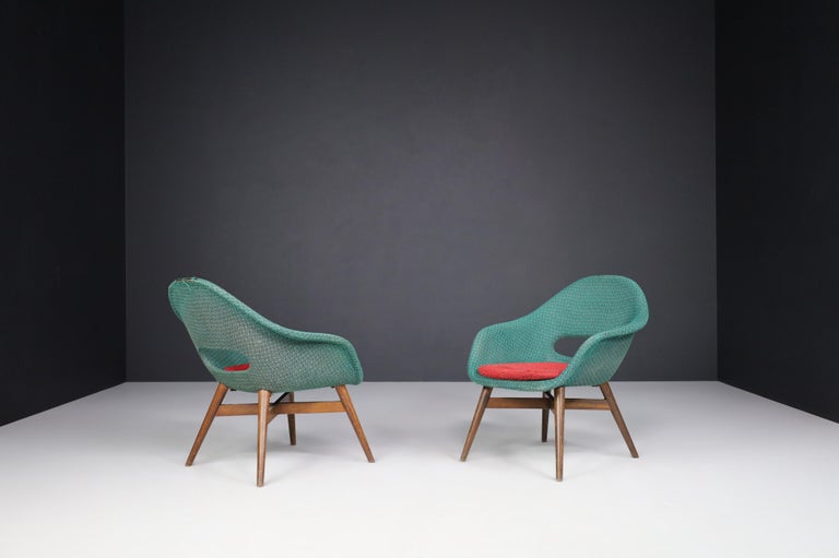 Miroslav Navratil Easy Chairs in Original Green and Red Fabric, 1960 ...