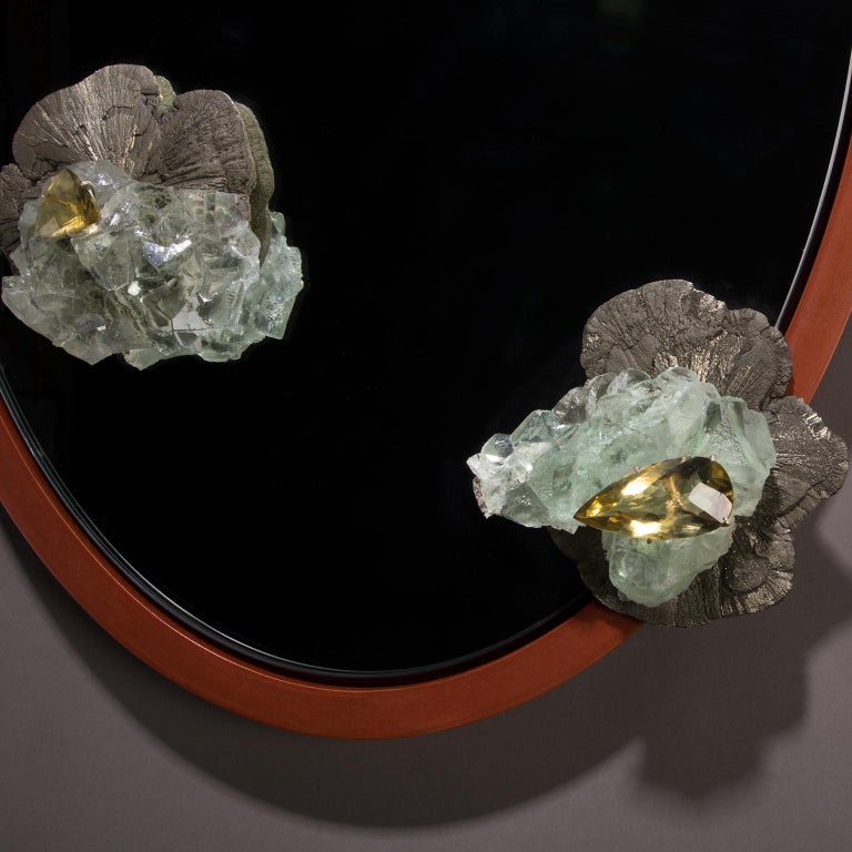 Pyrite, Fluorite and Citrine Mirror with Aluminum Patina Frame For Sale ...