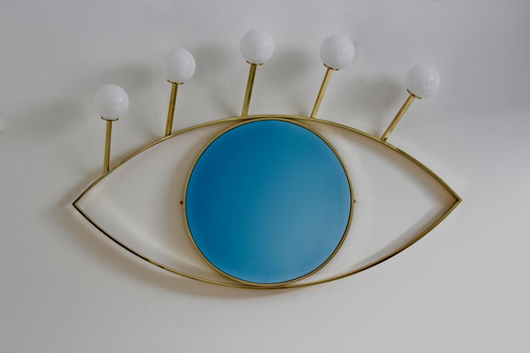 Mirror Lamp Blue Eye with Brass and Glossy Gold Finish, Handmade in ...