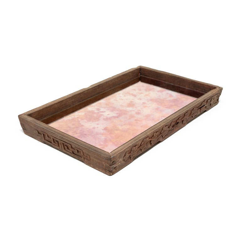 Mirrored Chinese Tea Tray with Floral Carvings, c. 1900 For Sale at 1stDibs
