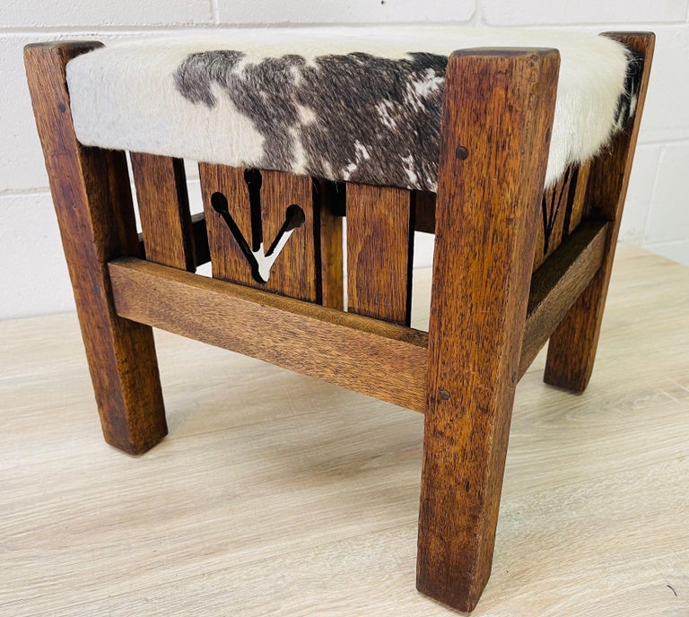 Mission Oak Footstool With Cowhide For Sale at 1stDibs