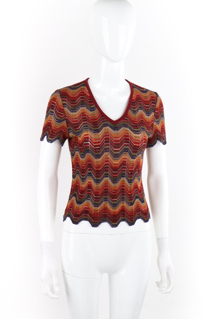 MISSONI c.1970s Multicolor Wool Stretch Knit Striped V-Neck Short Sleeve Top For Sale at 1stDibs