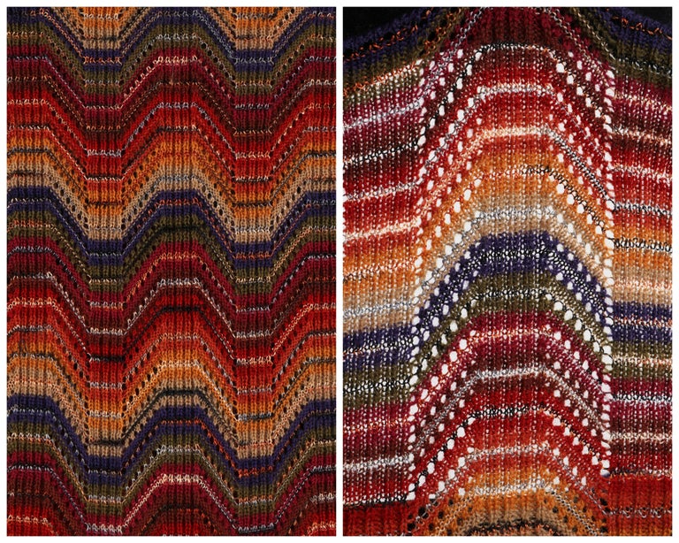 MISSONI c.1970s Multicolor Wool Stretch Knit Striped V-Neck Short Sleeve Top For Sale at 1stDibs