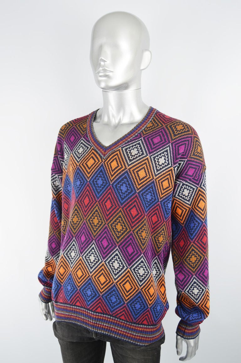 Missoni Men's Vintage Multicolored Diamond Pattern Cotton Knit V Neck ...