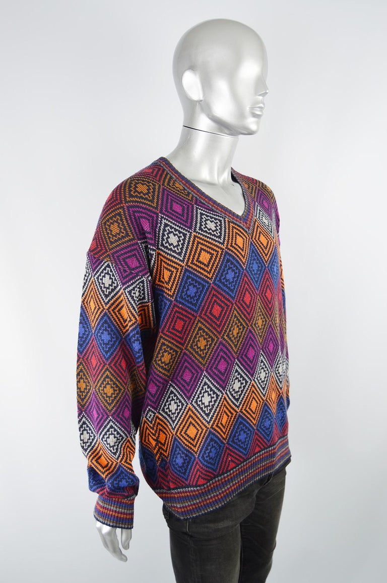 Missoni Men's Vintage Multicolored Diamond Pattern Cotton Knit V Neck ...