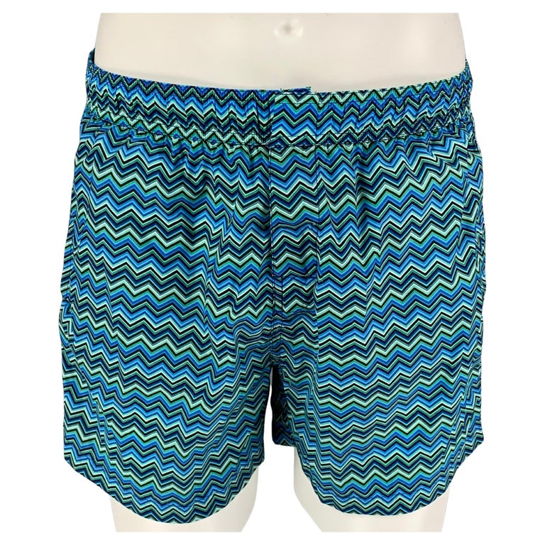 MISSONI Size M Blue Green Zig Zag Polyester Lined Swim Trunks For Sale ...
