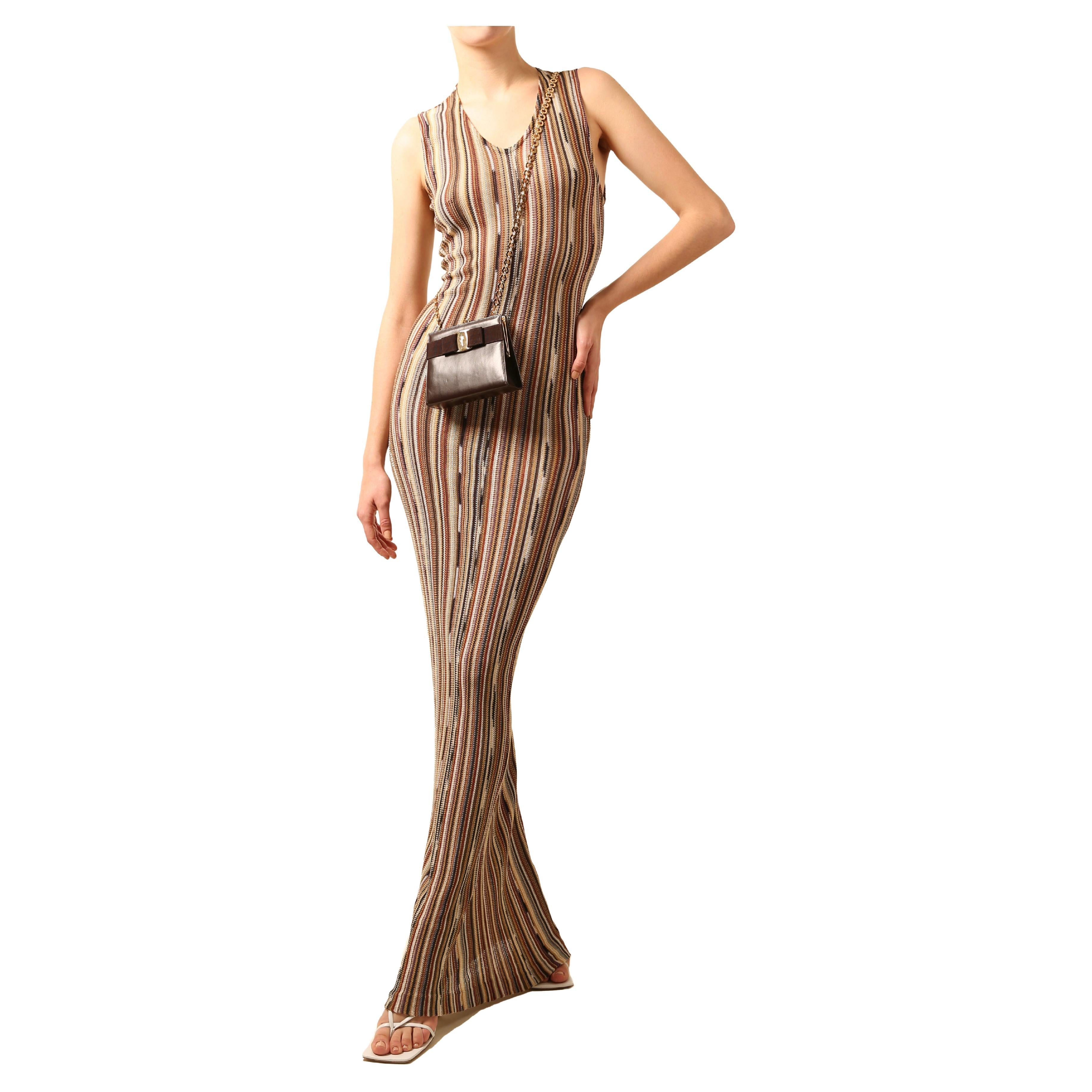 Missoni sleeveless brown white black gold stripe knit body con maxi ...