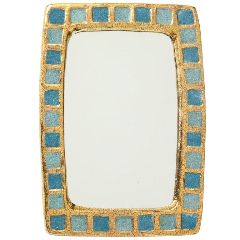 Mithé Espelt Mirror, Ceramic, Gold and Blue Fused Glass at 1stDibs