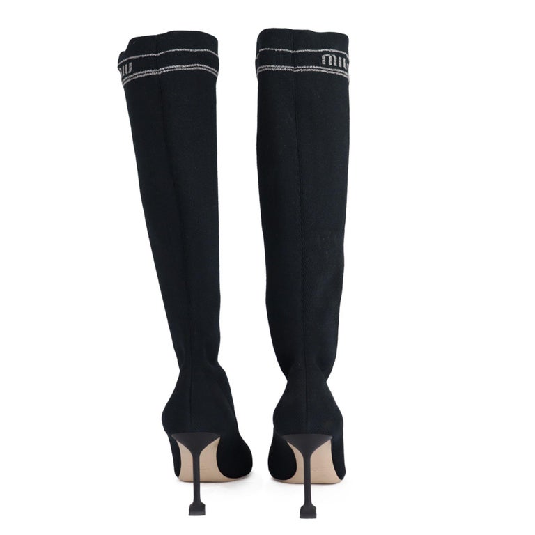 Miu Miu-38-Black Stretch Fabric Knee High Sock Boots For Sale at 1stDibs